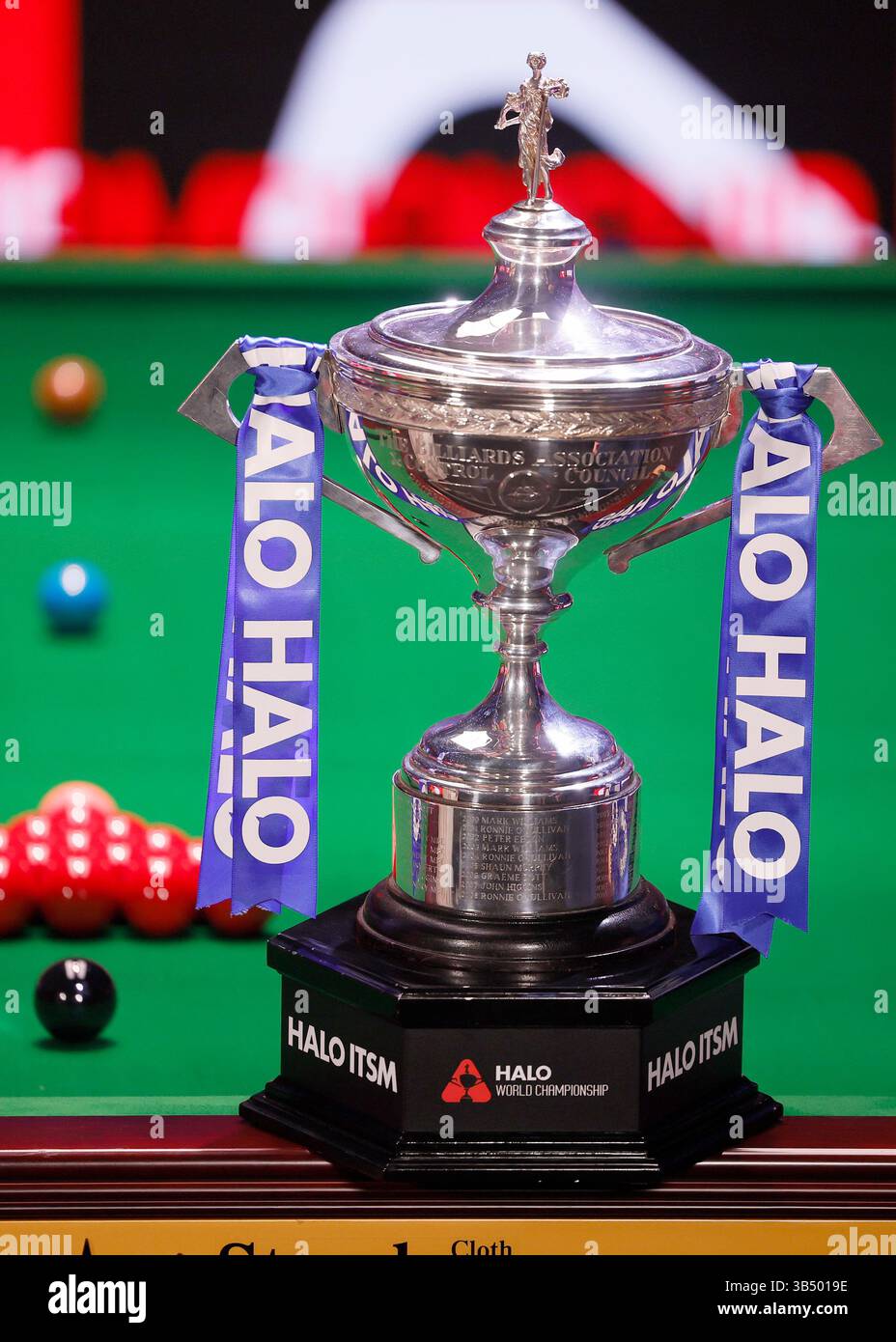 The Halo World snooker championship trophy on display on day thirteen ...