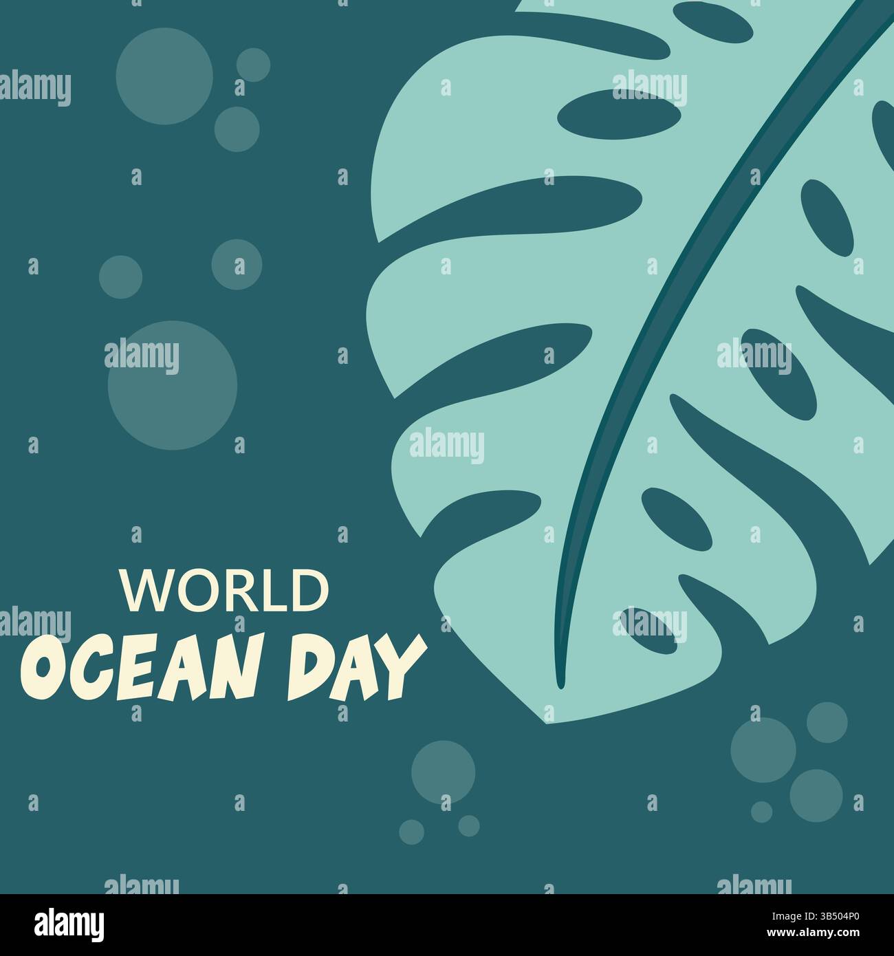 A vibrant graphic of World Ocean Day with a large, stylized tropical leaf on a deep teal ...