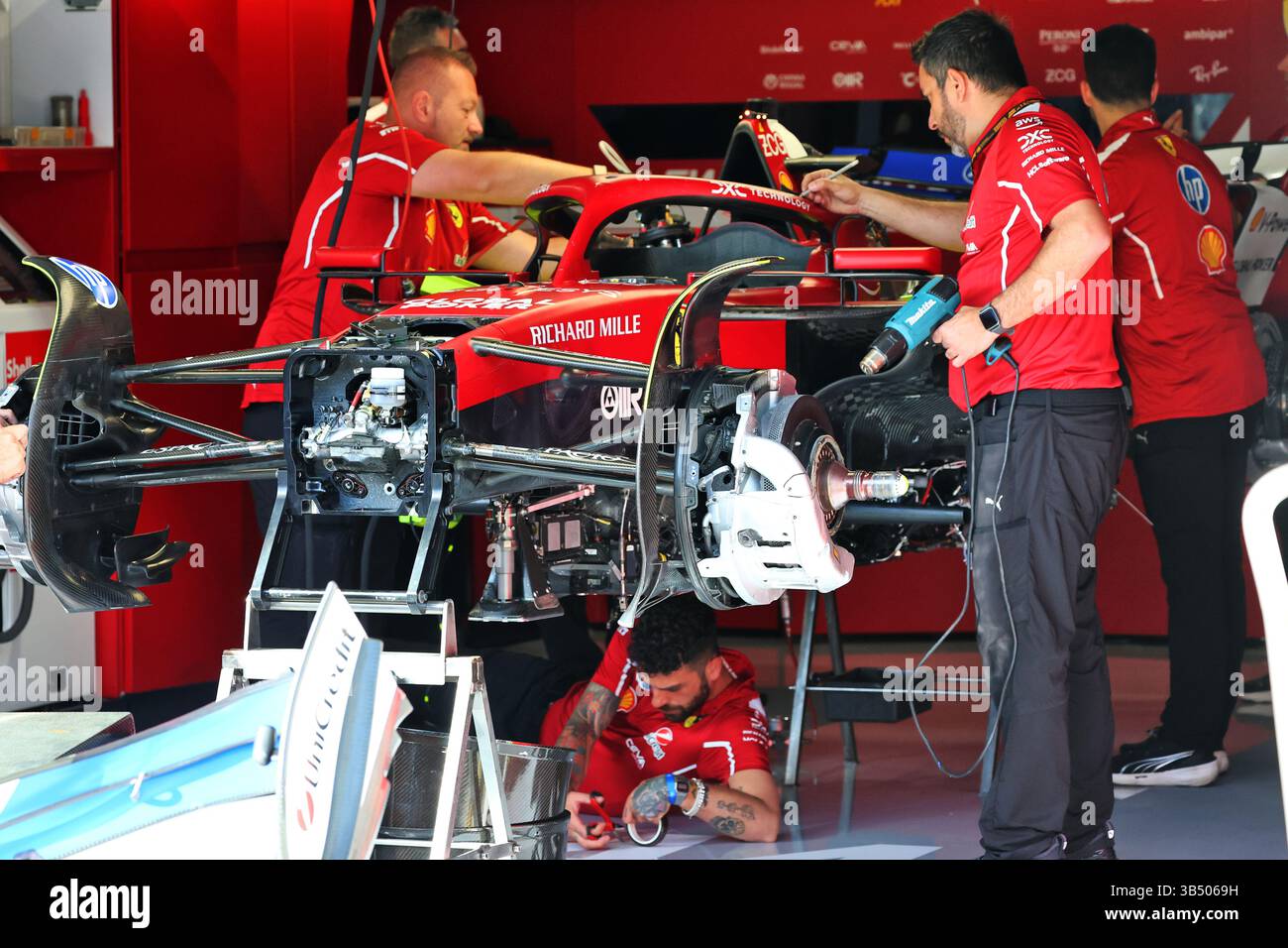 Miami, USA. 01st May, 2025. Ferrari SF-25 being built in the pit garage ...
