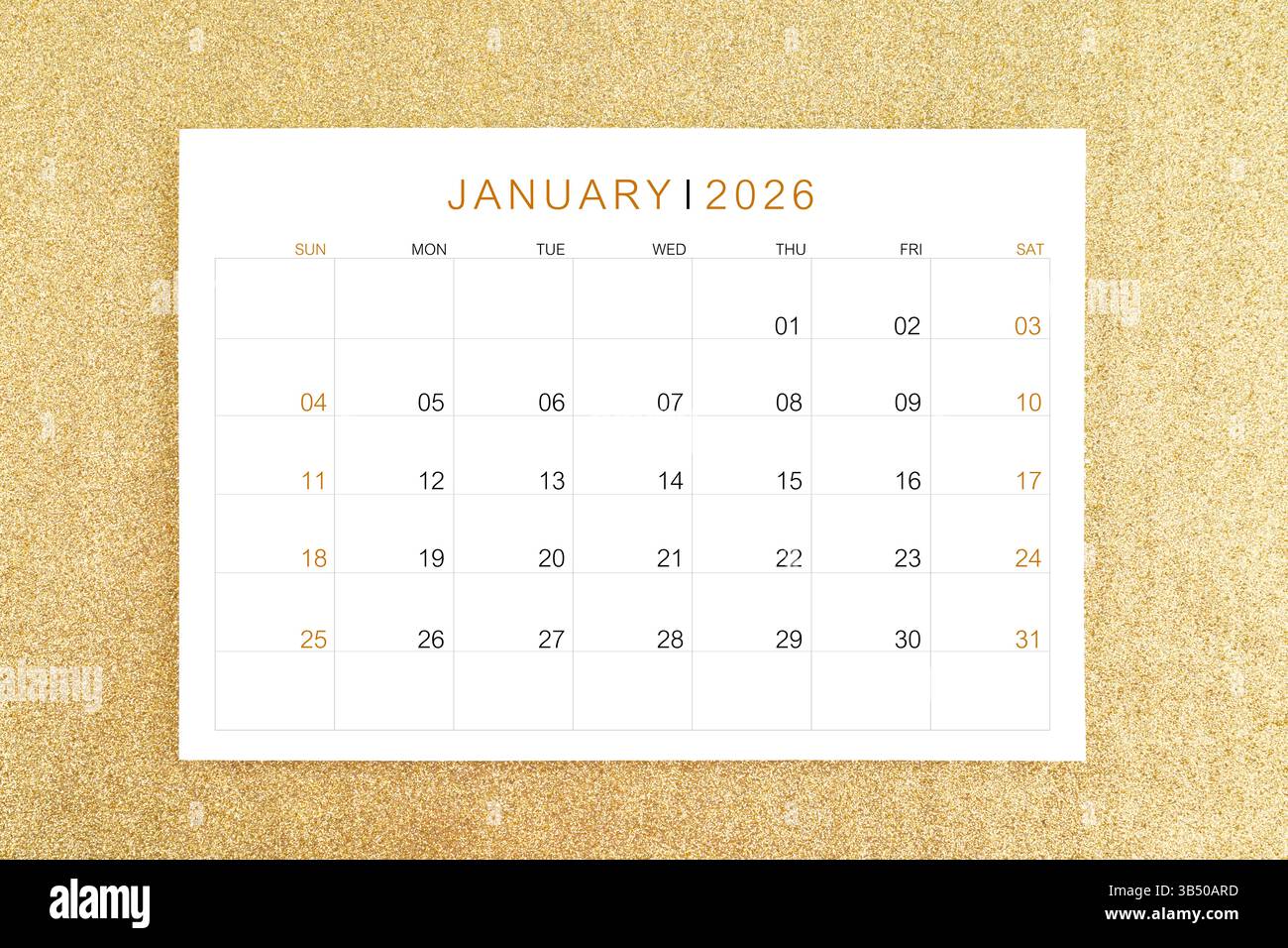 January 2026 calendar page on gold color glitter background Stock Photo ...