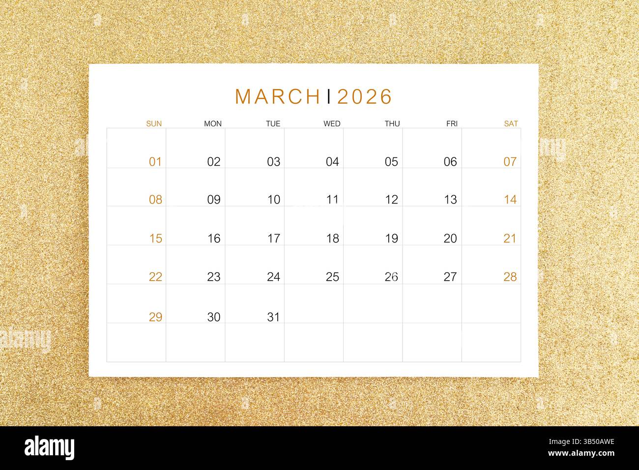 March 2026 calendar page on gold color glitter background Stock Photo ...