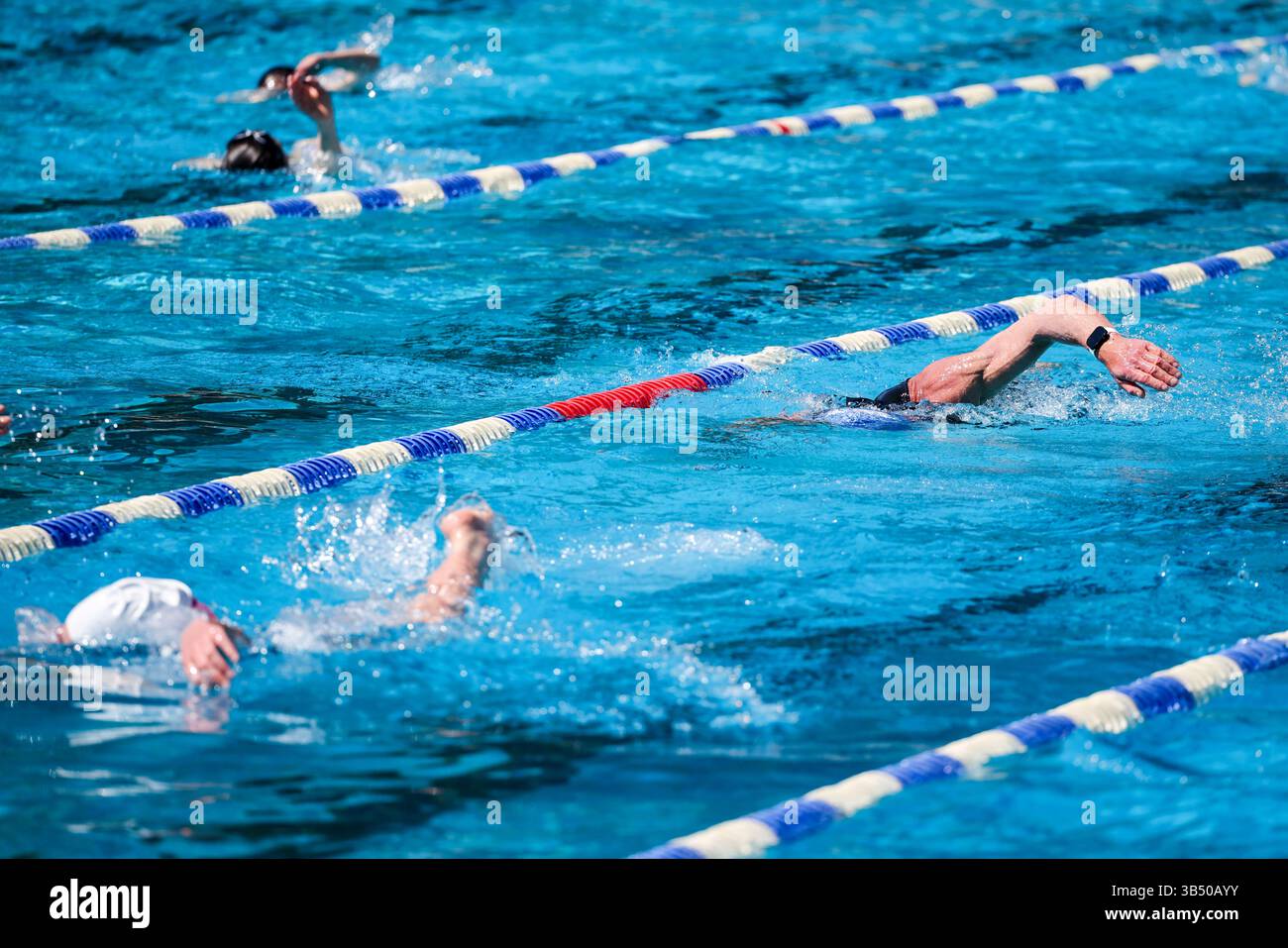 01 May 2025, North Rhine-Westphalia, Essen: Swimmers swim their laps in ...