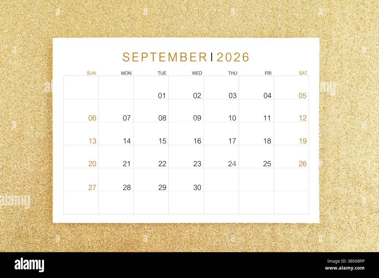 September 2026 calendar page on gold color glitter background Stock ...