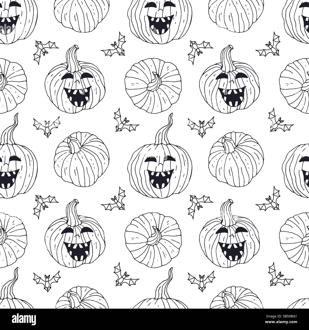 Seamless pattern with cute hand drawn Halloween jack-o-lantern pumpkins ...