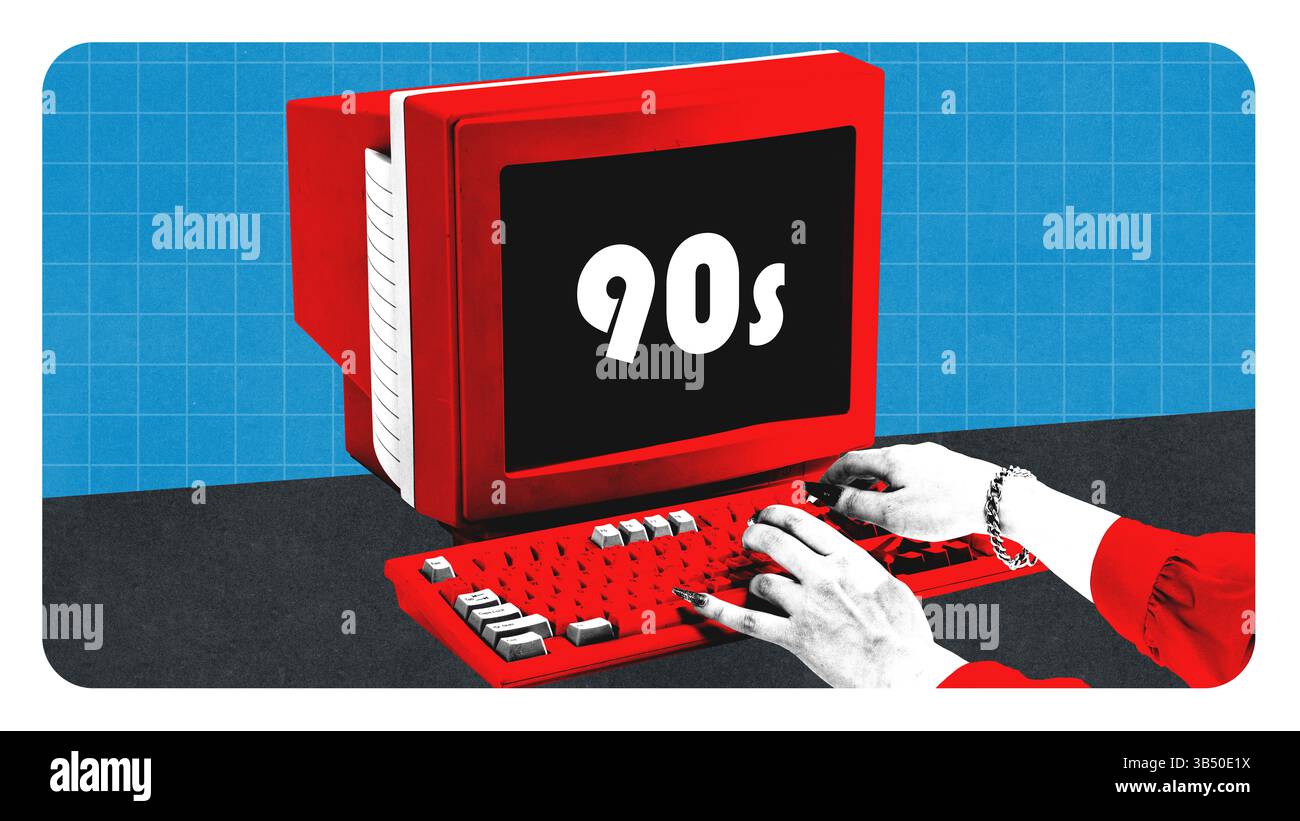 Bold red computer with classic keyboard displays 90s on screen in ...