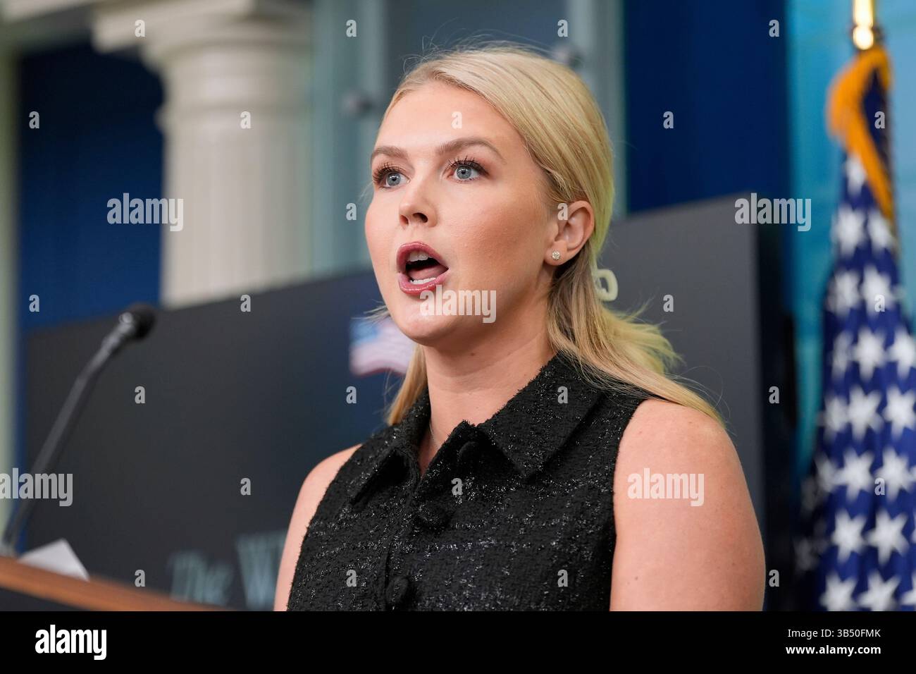 White House press secretary Karoline Leavitt speaks with reporters in ...