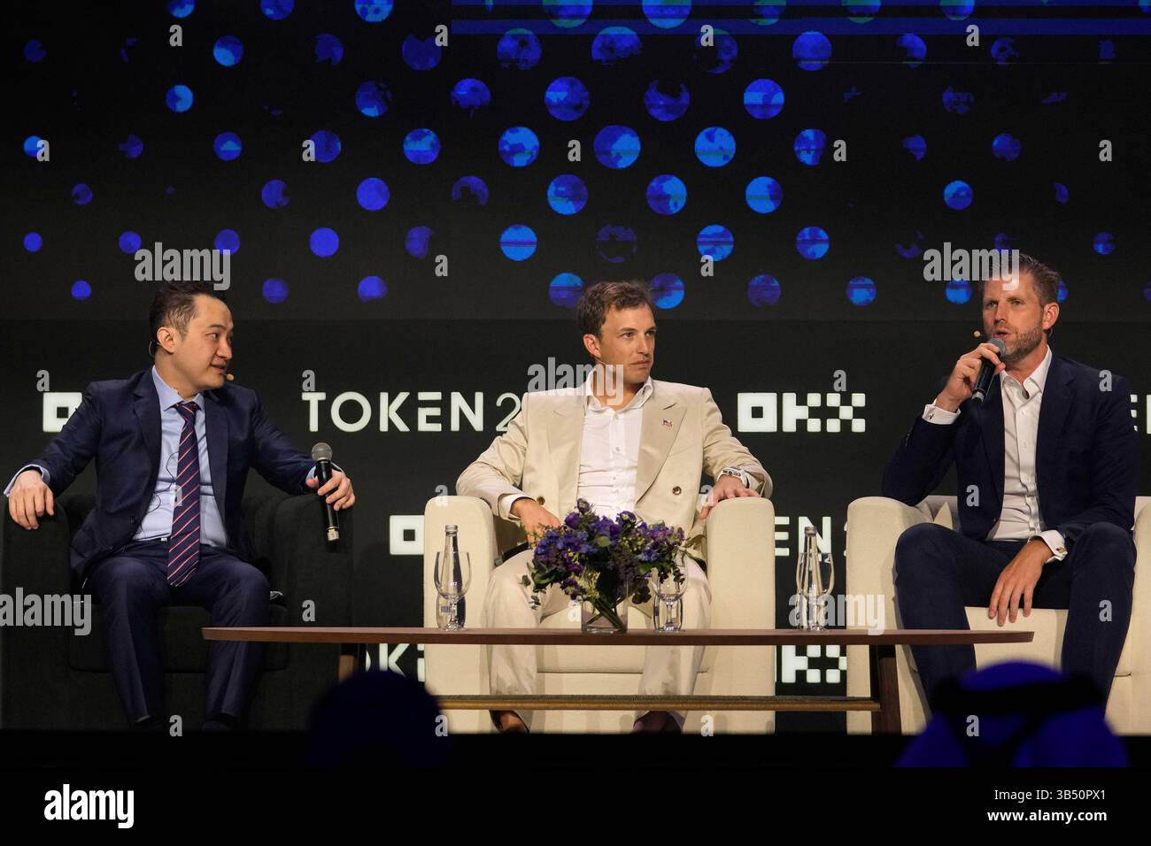 Eric Trump, Executive VP of The Trump Organization, right, speaks as Co-founder of World Liberty ...