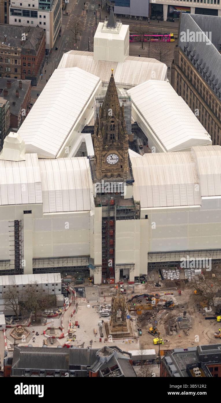 Aerial photograph of Manchester Town Hall with the clock tower emerging ...