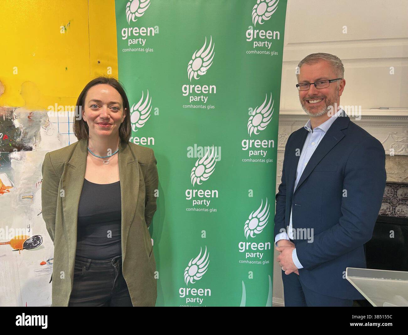 Green Party leader Roderic O'Gorman (right) poses for a photo with party councillor Janet Horner ...