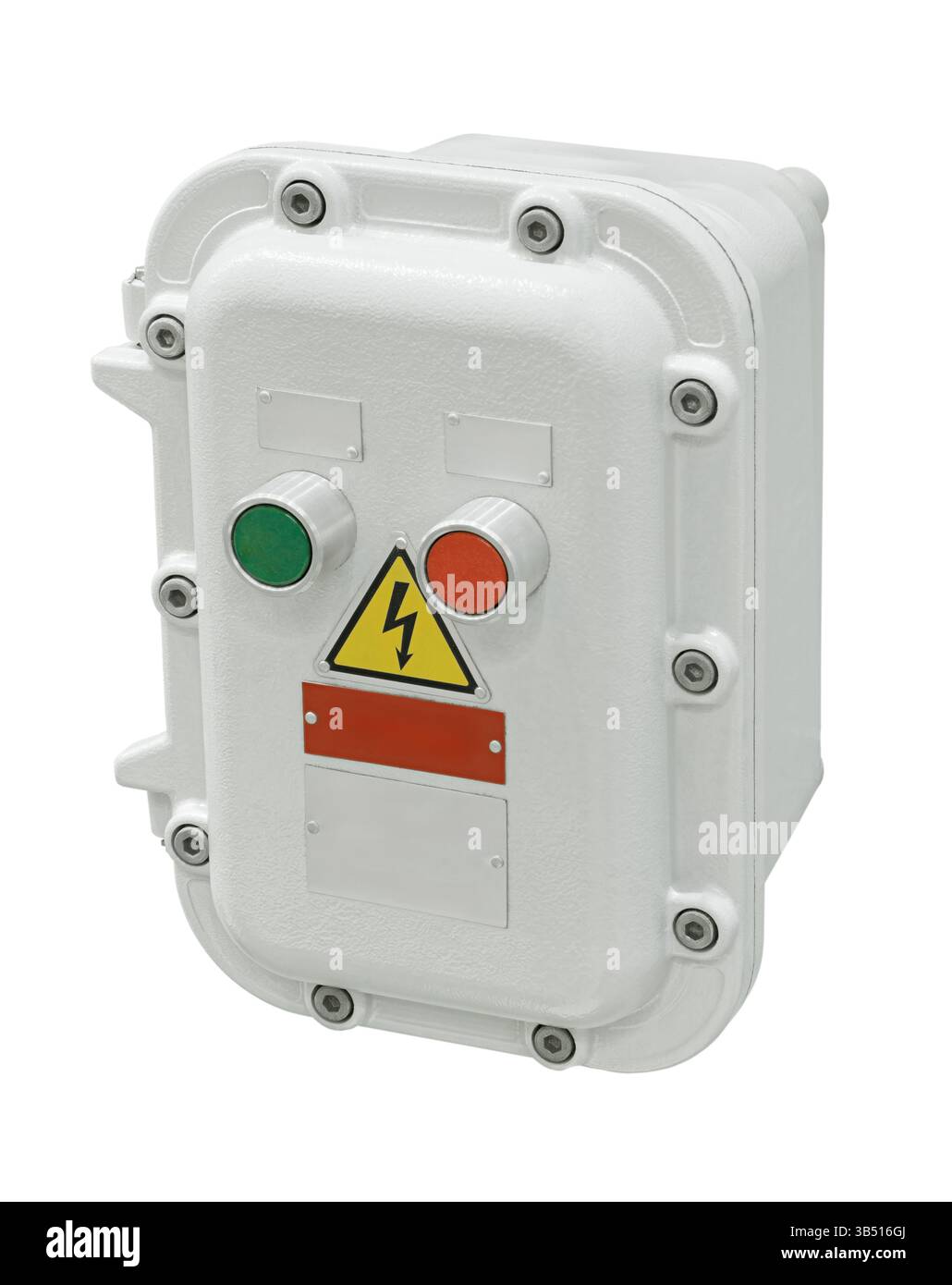 Grey control panel with red and green electric buttons, isolated on ...