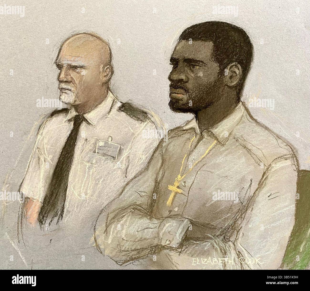 Court artist drawing by Elizabeth Cook of Yostin Andres Mosquera (right ...