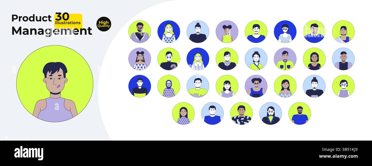 Diverse avatars in circular frames cartoon flat illustrations mega ...