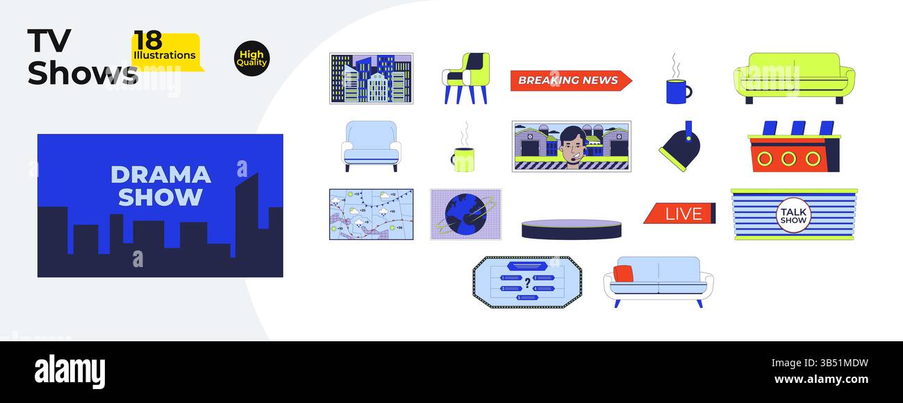 TV shows and broadcast elements cartoon flat illustrations mega bundle ...