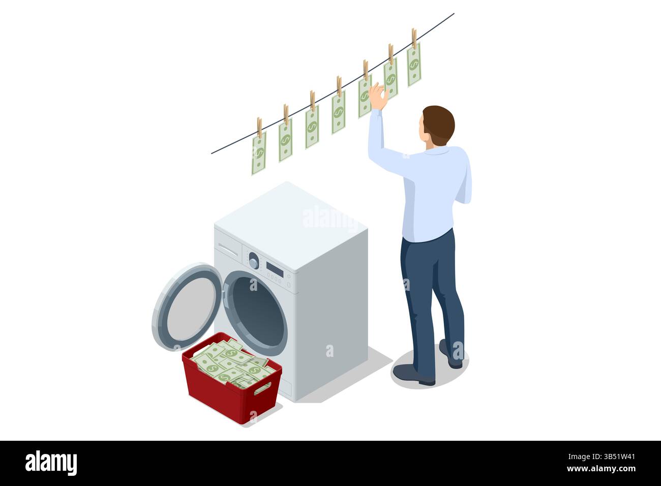 Isometric vector of a man hanging dollar bills on a line after washing ...