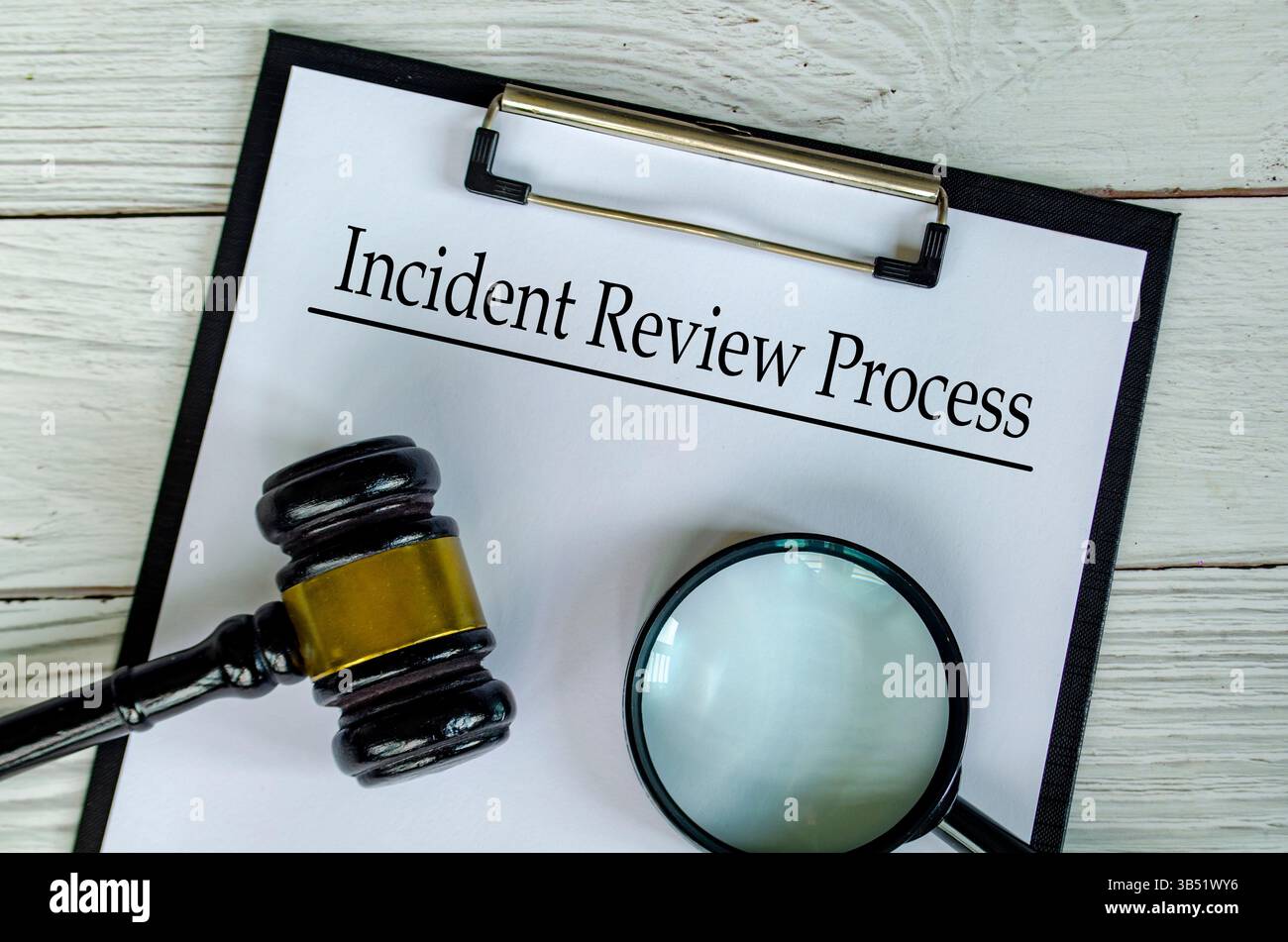 Top view of Incident Review Process text on white paper clipboard with ...