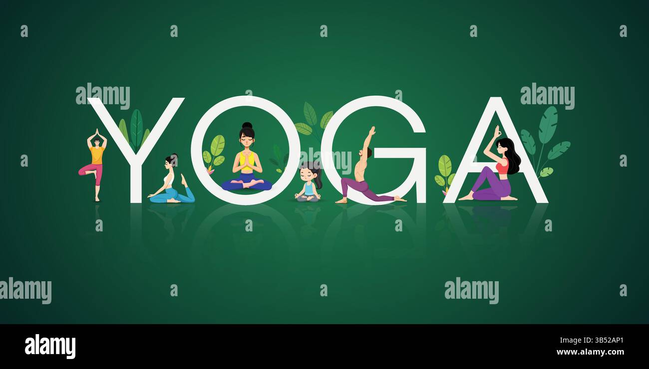 International Yoga Day Banner Typography with Human Silhouettes Forming ...