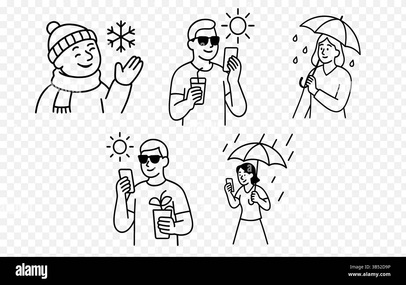 Minimalist Line Art Illustration Set – Enjoying Winter, Summer, and ...