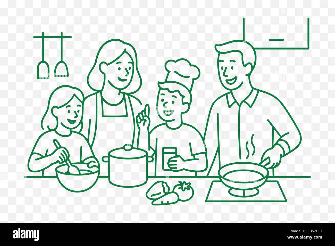 line art drawing of a family doing home activities together, mother ...