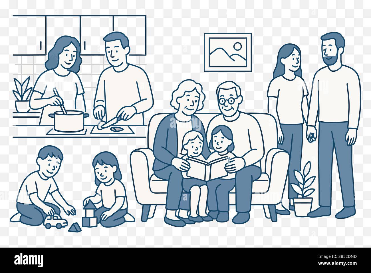 Minimalist Line Art Illustration of a Family Enjoying Time Together at ...