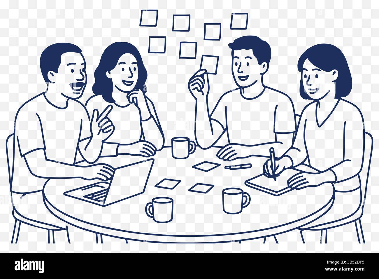 Line Art Illustration of a Diverse Group of Colleagues Brainstorming at a Round Table – Teamwork ...