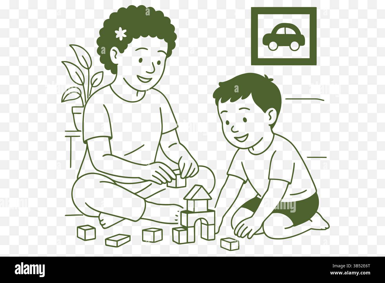 Line Art Illustration of Siblings Playing Together with Building Blocks ...