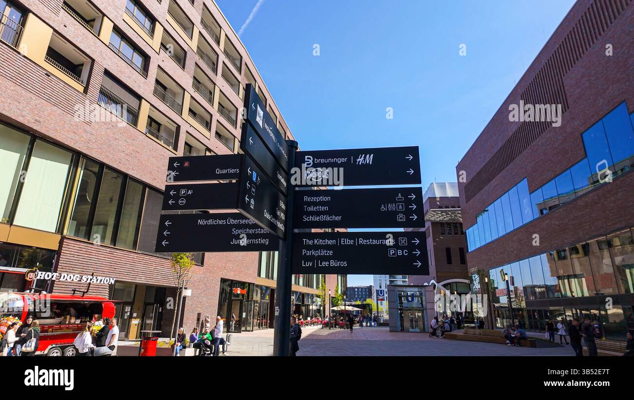 HAMBURG, GERMANY - APRIL 29, 2025 - Wayfinding signposting multiple ...