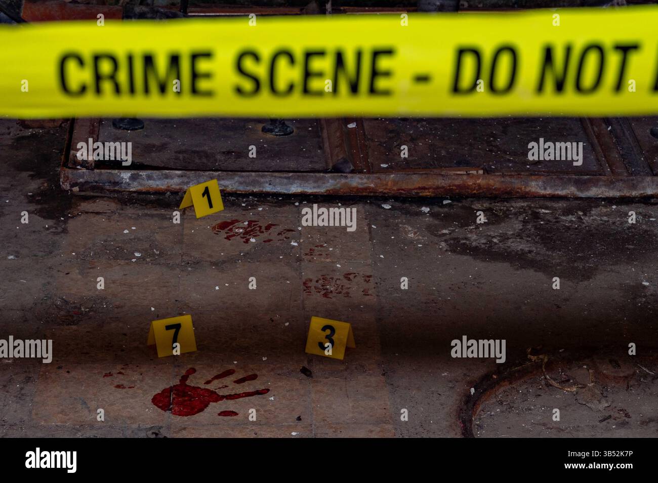 Forensic Crime Scene Investigation with Bloodstains and Numbered Markers Stock Photo - Alamy
