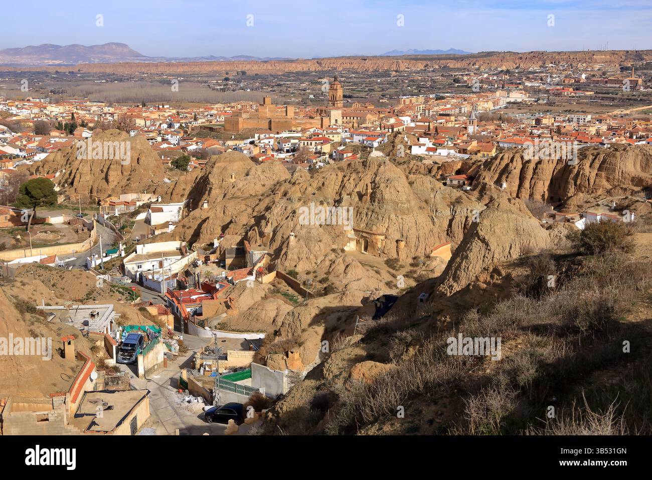 Aerial view of the Barrio de Cuevas in Guadix, cave-houses in Andalucia ...