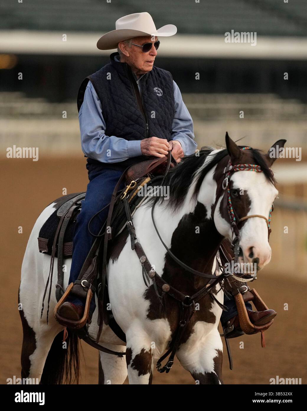 Trainer D. Wayne Lukas watches a workout at Churchill Downs Thursday, May 1, 2025, in Louisville ...
