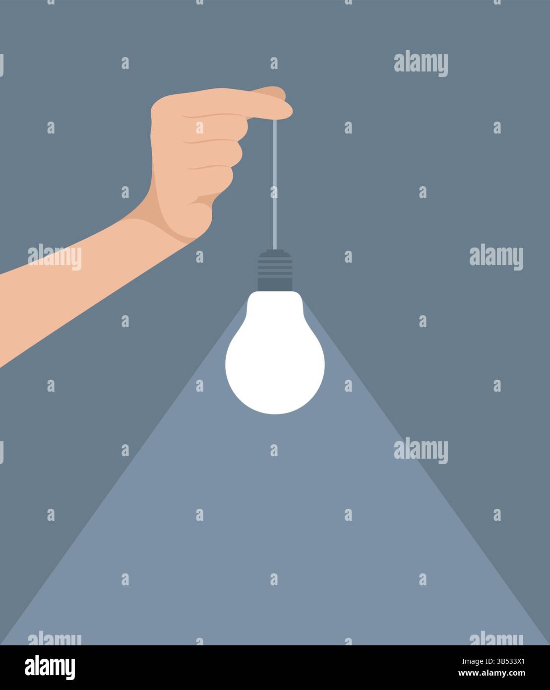 Hand holding a turned on light bulb on a string. Flat vector ...