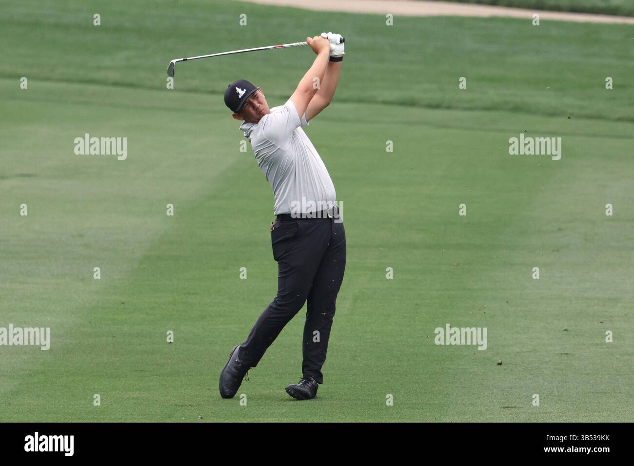 Rico Hoey hits off the eighth fairway during the first round of the CJ Cup Byron Nelson golf ...