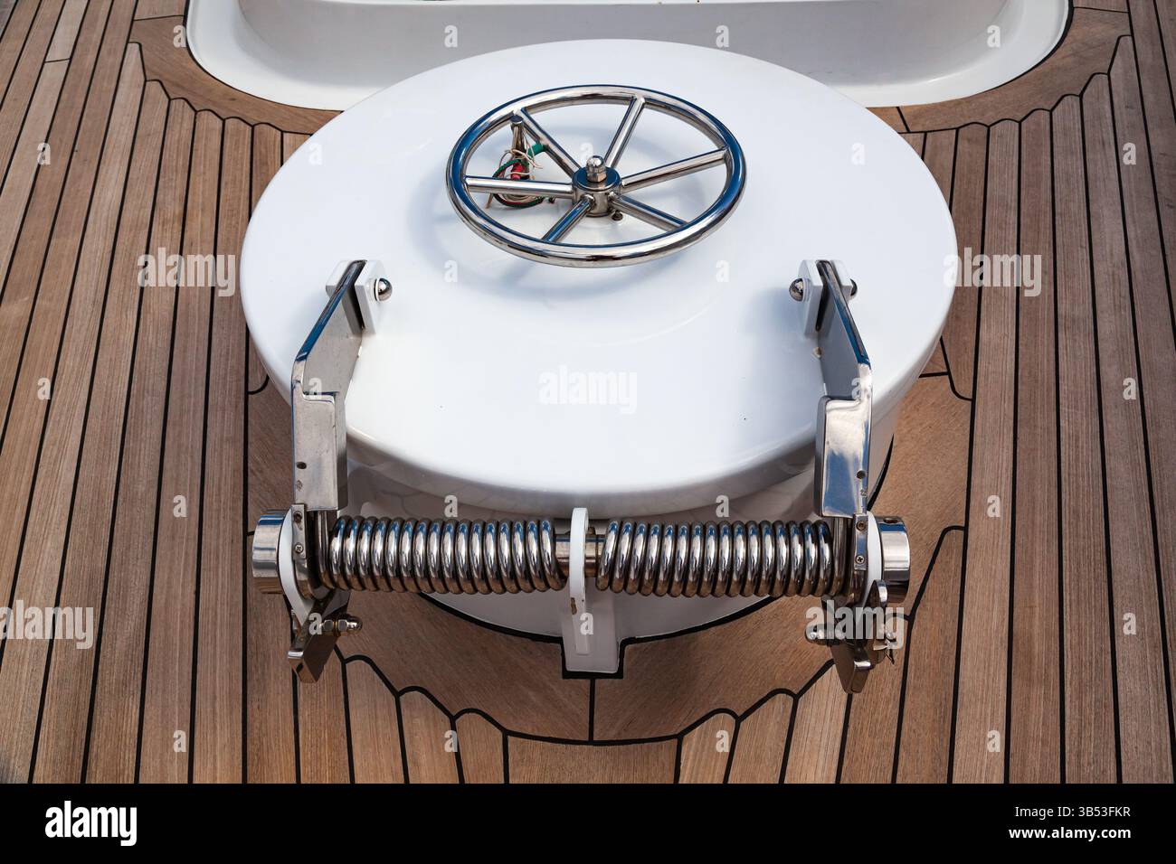 Waterproof closed hatch with stainless steel hinges on the teak deck of ...
