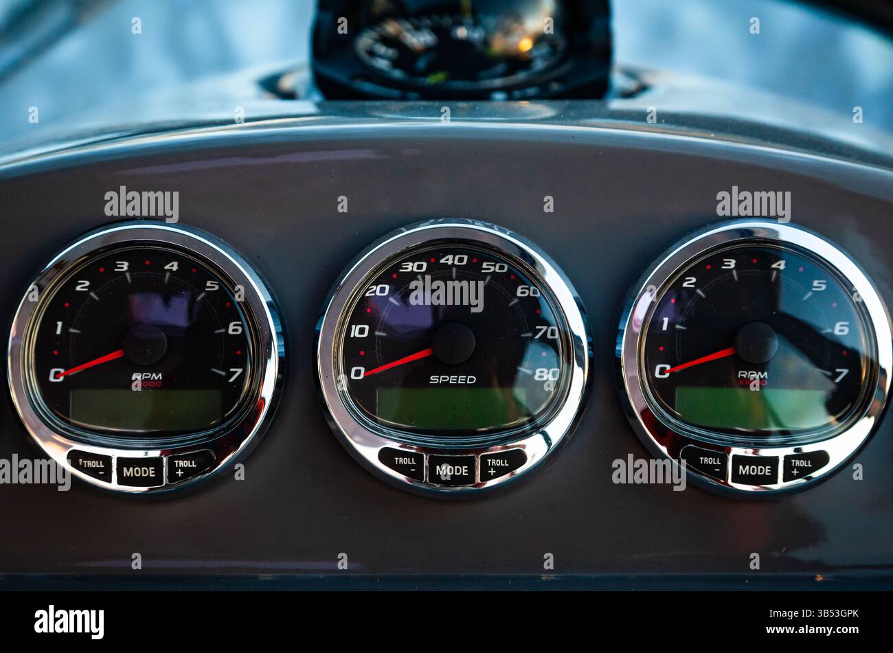 Motor yacht control panel. Gauges, speedometers and control buttons ...