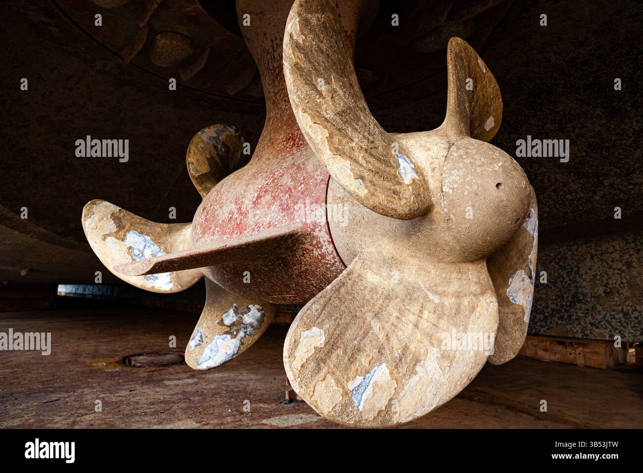 The bottom of a ship supported in dry dock with azimuth propulsion and ...
