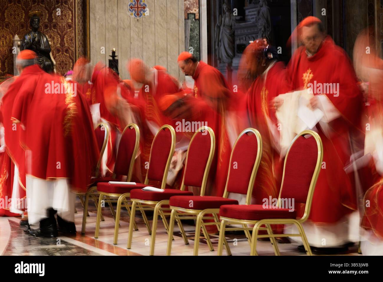 Cardinals arrives for a mass on the sixth of nine days of mourning for late Pope Francis, in St ...