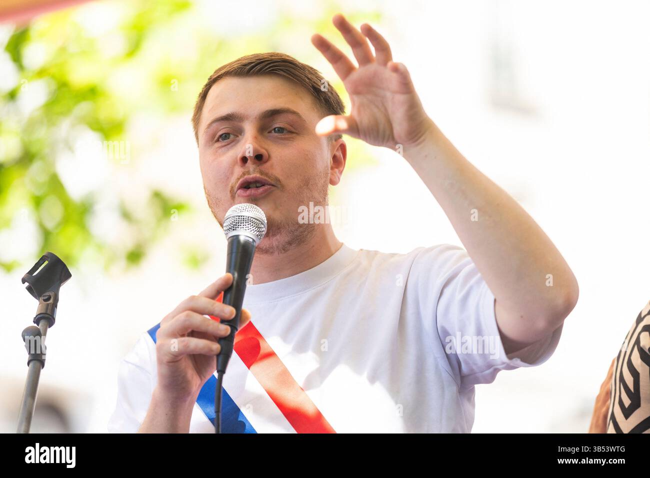 Paris, France. 01st May, 2025. LFI MP Louis Boyard during a speech by ...