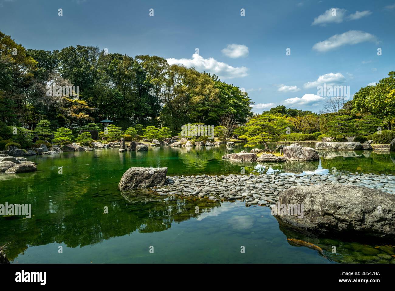 Traditional Japanese garden of Ohori Park in the city of Fukuoka Japan ...