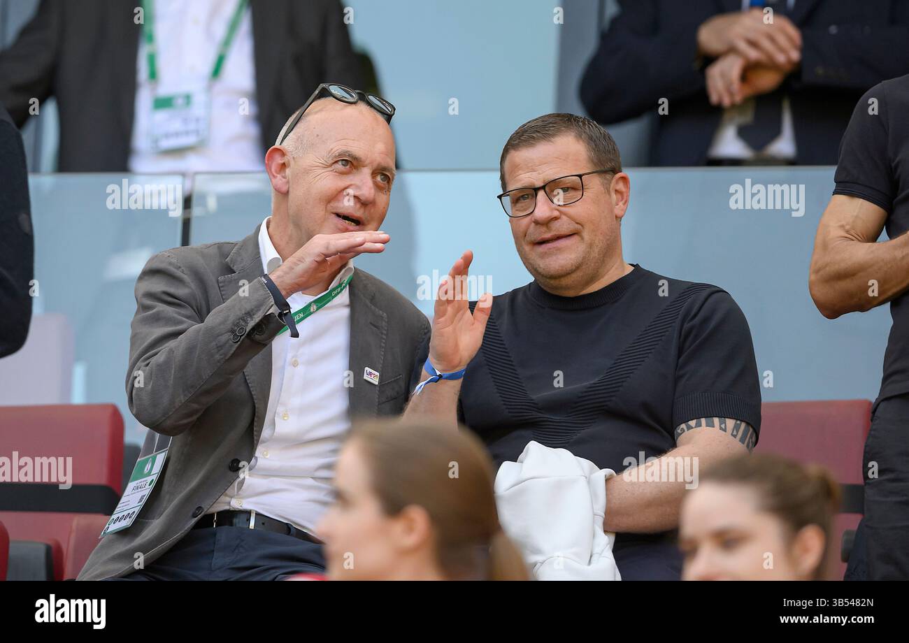 Cologne, Germany. 1st May, 2025. Left to right: Bernd NEUENDORF (GER, DFB President), Max EBERL ...