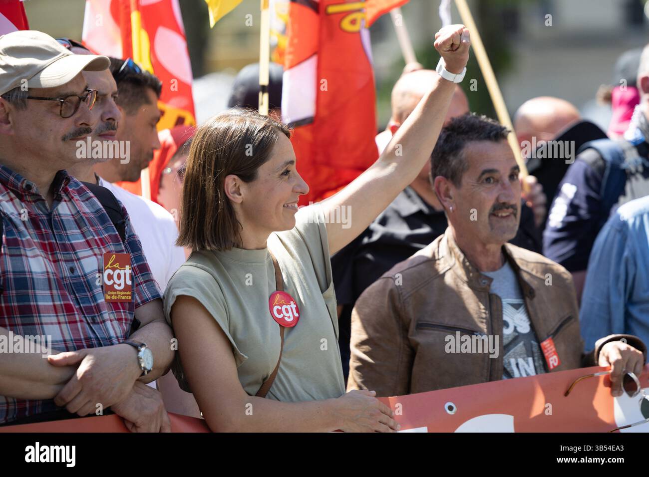 CGT general secretary Sophie Binet raises her fist, Force Ouvriere FO ...