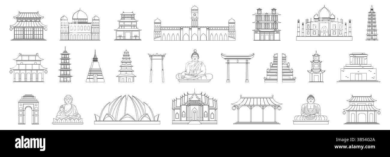 A diverse line set of traditional Asian architectural landmarks ...