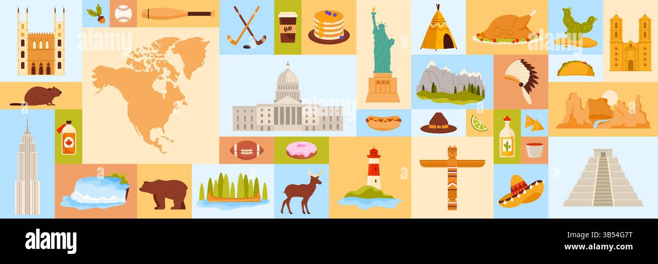 A colorful collage of North American icons and symbols, highlighting ...
