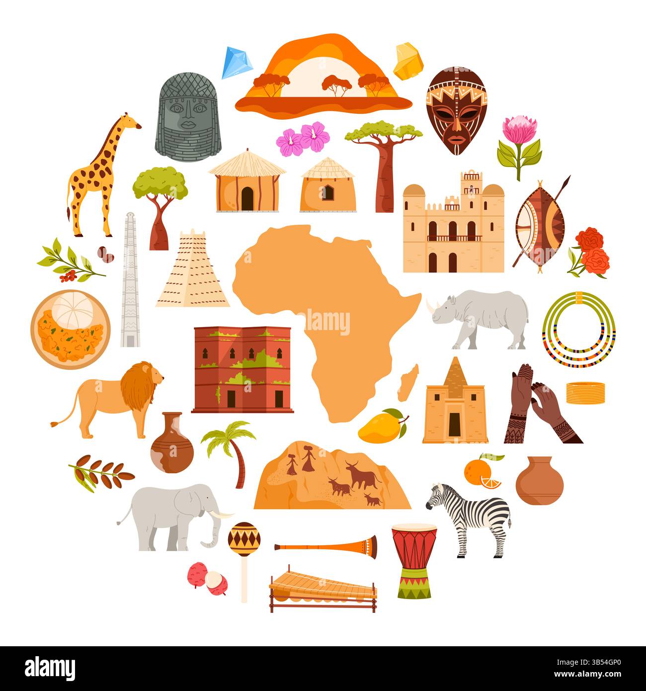 Landscapes and animals in circle with Africa title cartoon vector ...