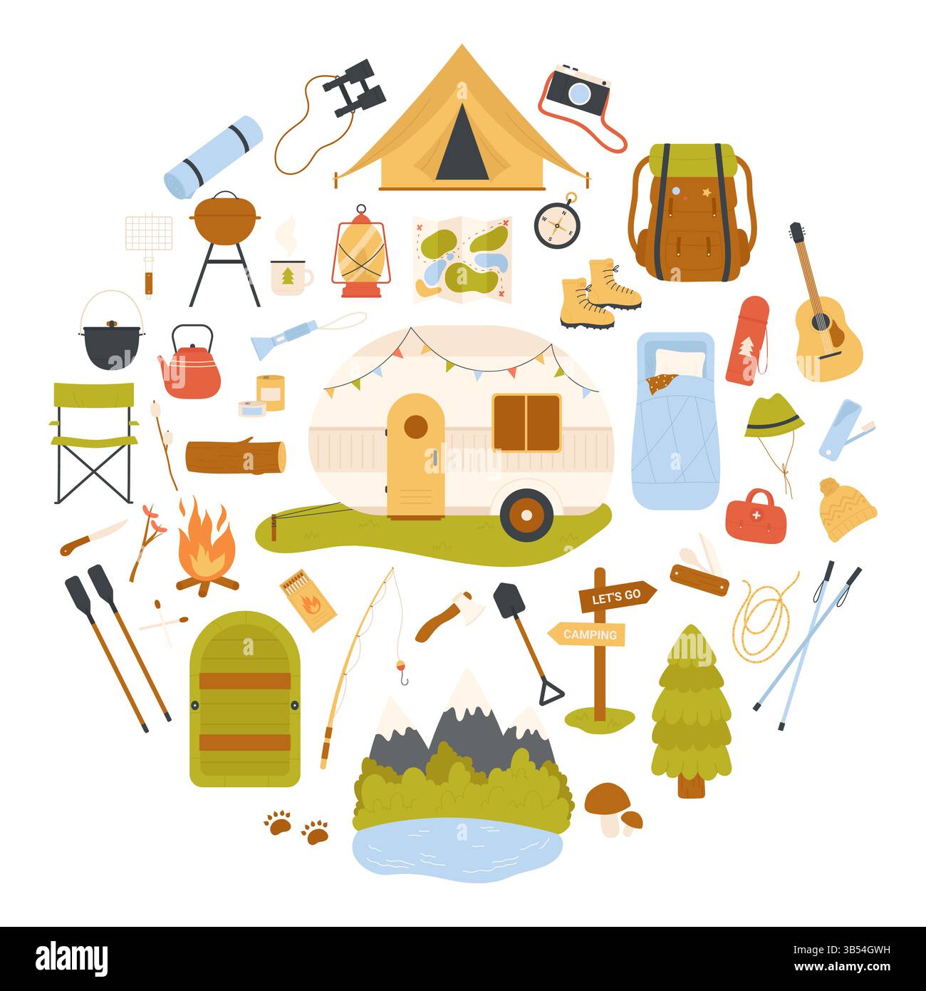 A collection of camping essentials including a tent, camper, backpack ...