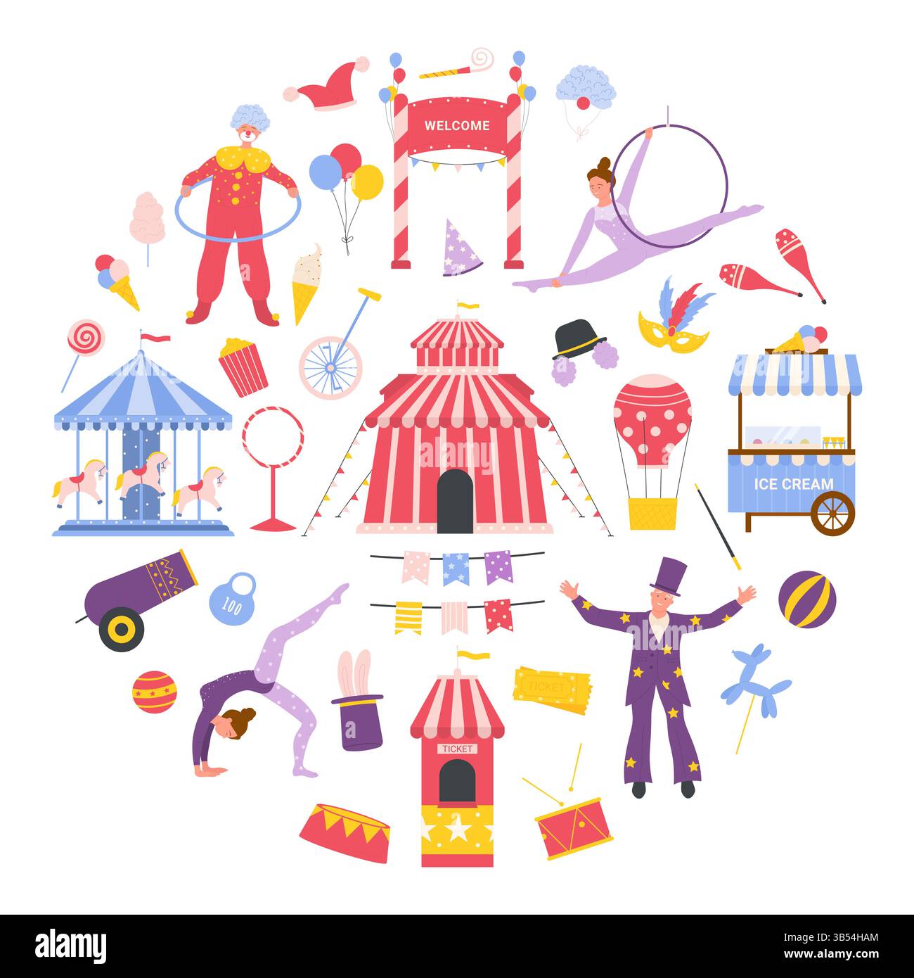 Round illustration of circus attractions, including performers, clowns ...