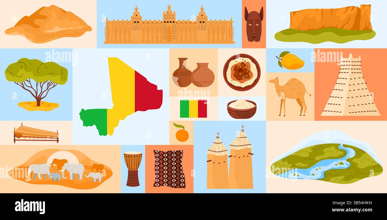 Collage showcasing Mali cultural symbols, landmarks, and traditional ...