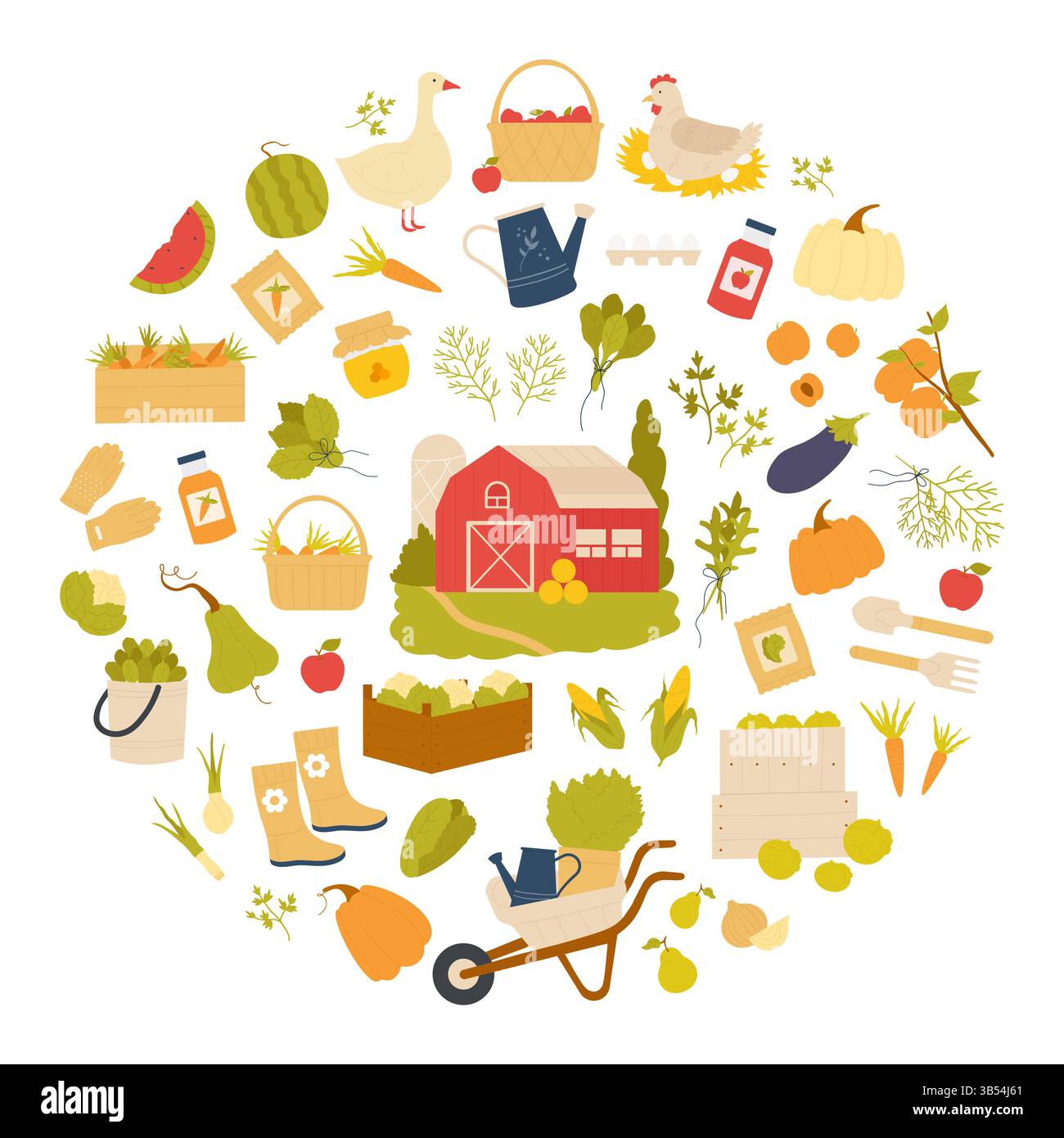 Organic farm and agriculture, barn and farmers tool in round ...