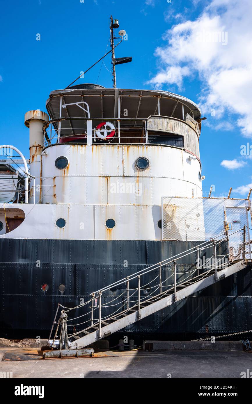 old rusting ship with gangway in harbor Stock Photo - Alamy