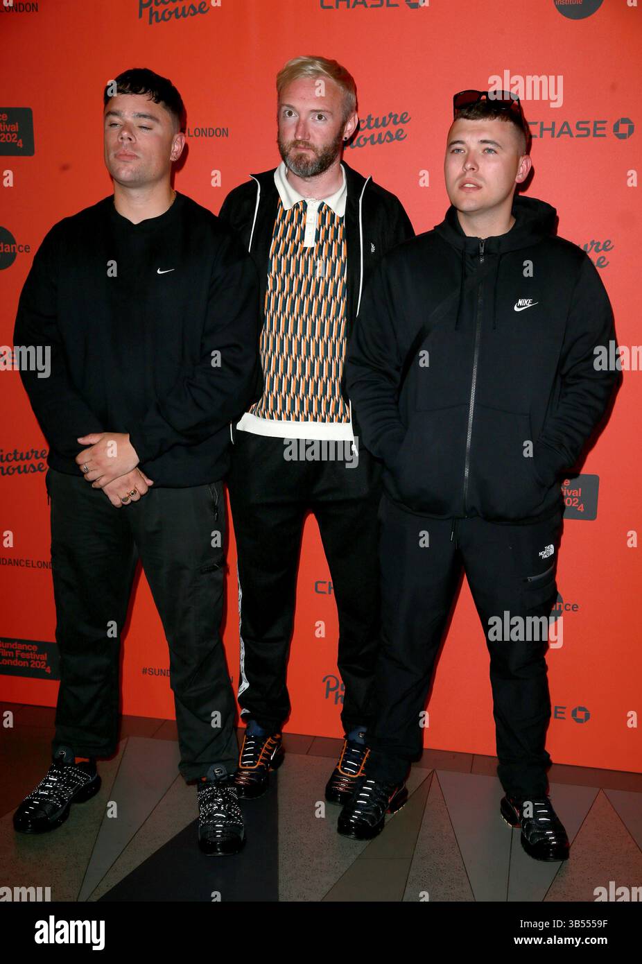 (From L-R) Mo Chara, DJ Provai and Moglai Bap of Kneecap attend the ...