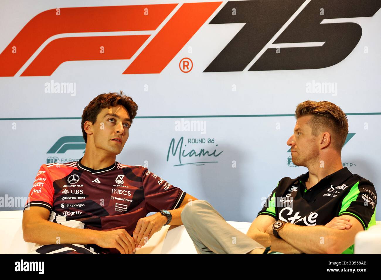 Miami, USA. 01st May, 2025. (L to R): George Russell (GBR) Mercedes AMG ...
