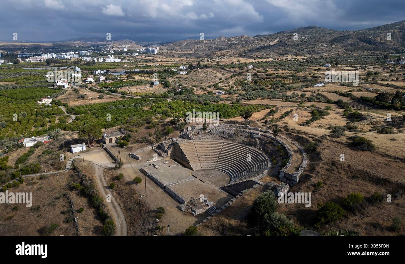 Aerial drone view of the Soloi Roman Amphitheatre, Soloi, Karavostasi ...